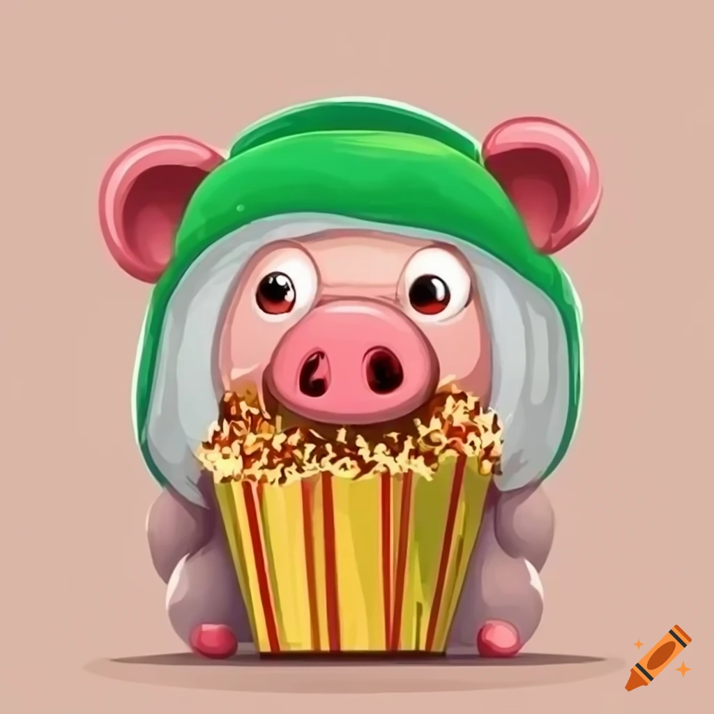 Cartoon pig with frog hat eating popcorn on Craiyon