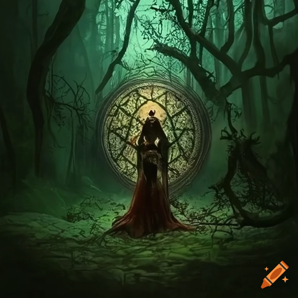 Wicca pentacle in a mystical forest setting on Craiyon