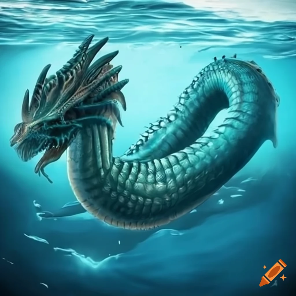 Mythical sea serpent emerging from the water near a coastline on Craiyon