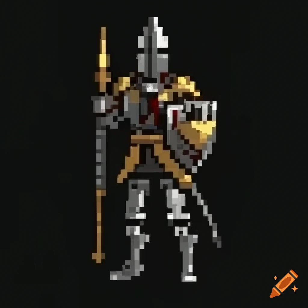 Pixel art of a knight in split color armor with a pike on Craiyon