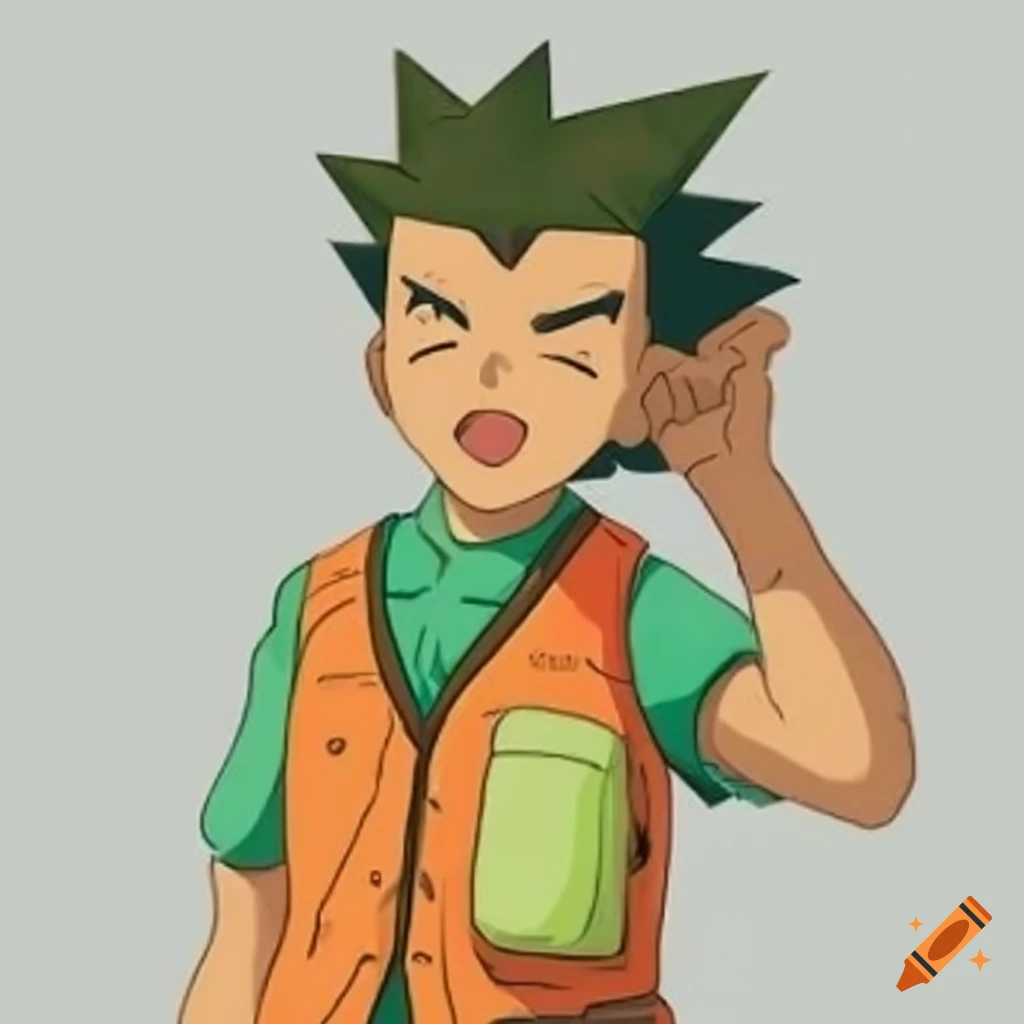 Brock from Pokemon in orange vest and green shirt on white background ...