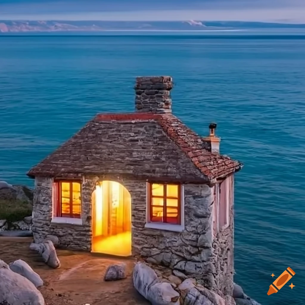 Stone cottage with ocean view at sunset on Craiyon