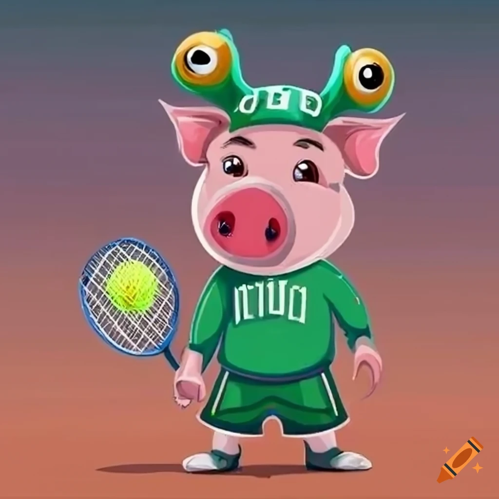 Adorable cartoon pig playing tennis in a frog hat and Celtics jersey on ...