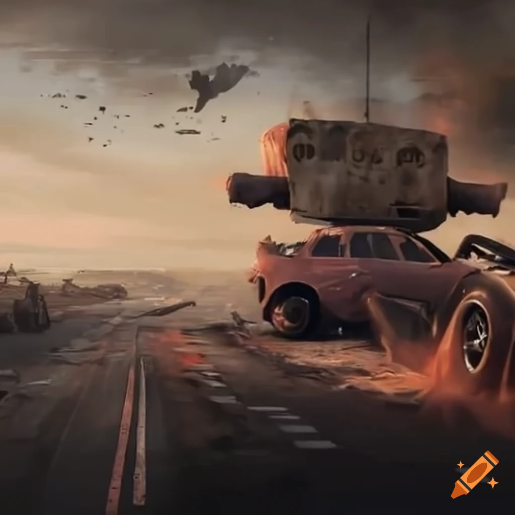 Cars racing on a post-apocalyptic highway on Craiyon