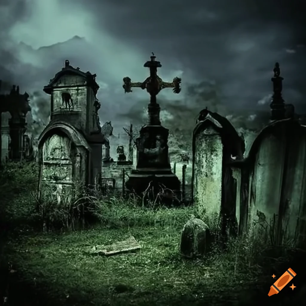 Haunted cemetery with decaying tombstones on Craiyon