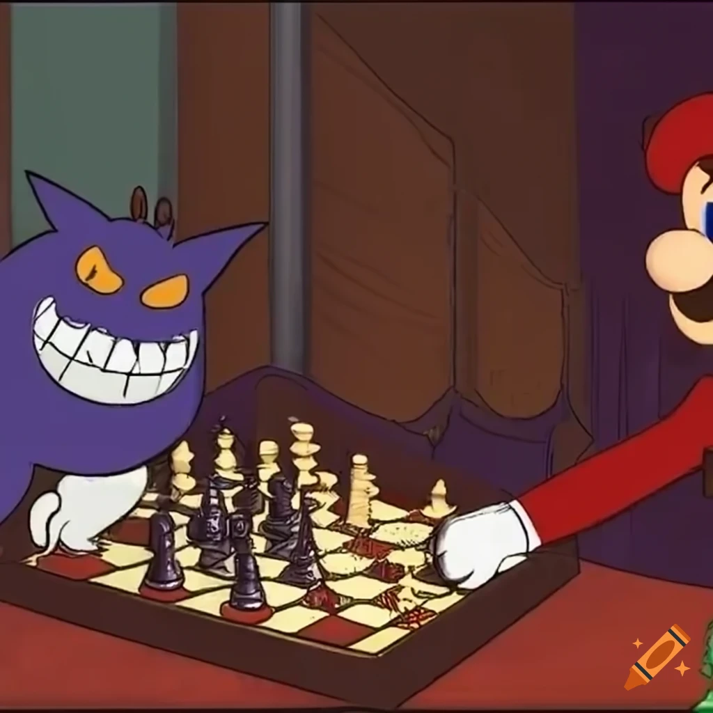 Mario playing chess with gengar on Craiyon