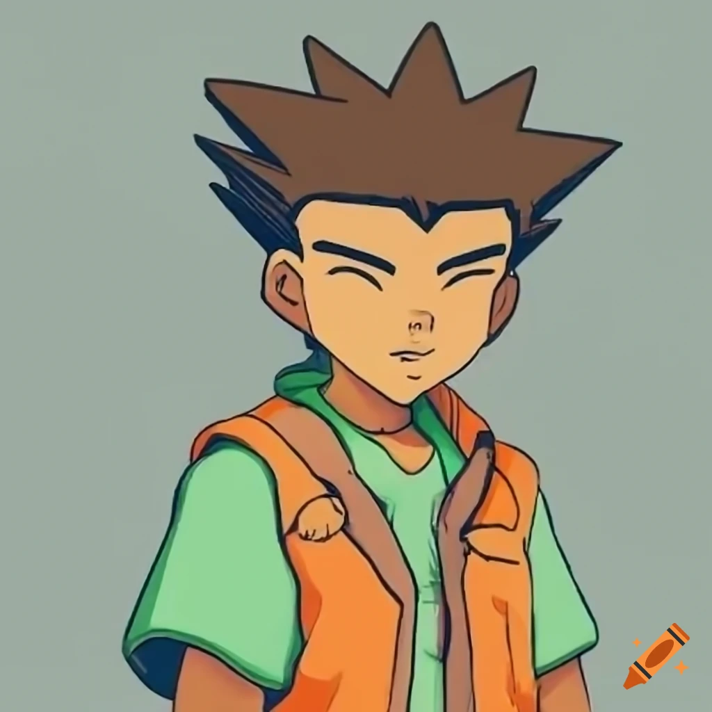 Brock pokemon character in orange vest and green shirt with eyes closed ...