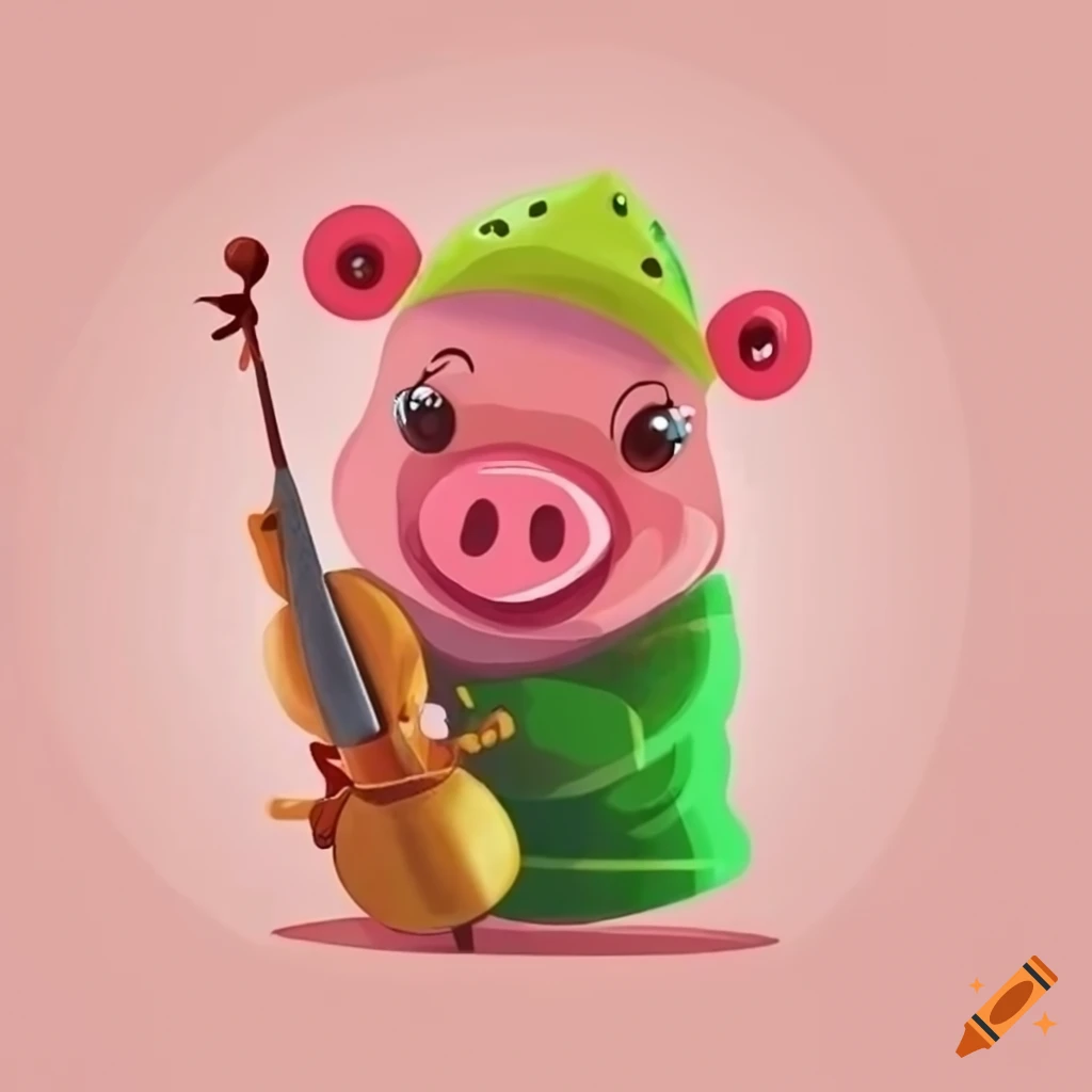 Adorable cartoon pig playing the violin in a frog-shaped winter hat on ...