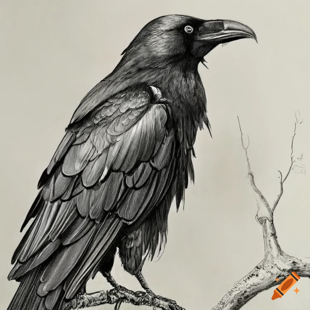 Majestic raven perched on a branch in a detailed pencil drawing on Craiyon