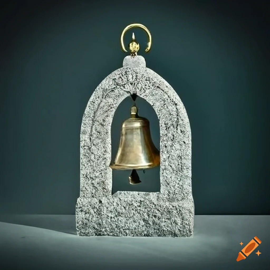 Arched granite grave headstone with brass bell on Craiyon