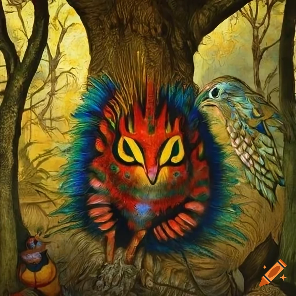 Louis Wain storybook illustration of a Raven in a forest garden at ...