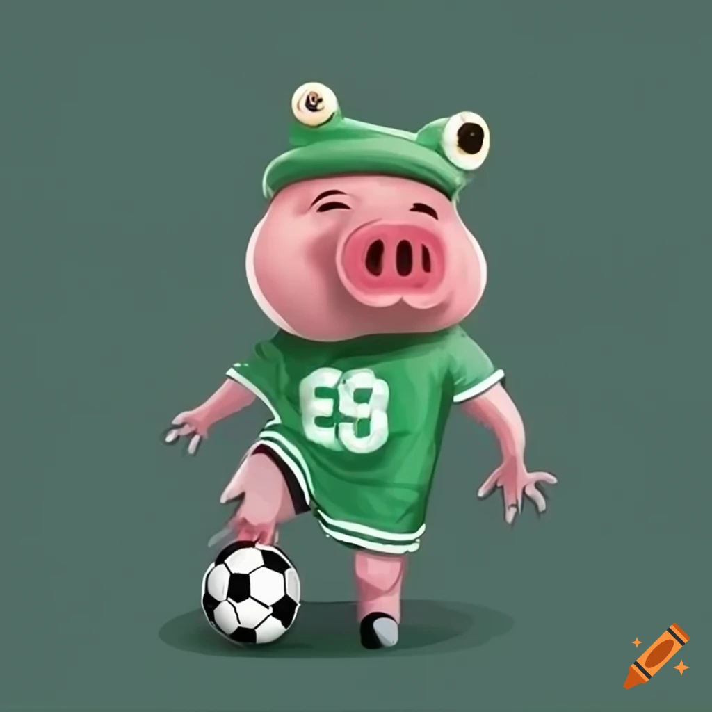Adorable cartoon pig playing soccer in a frog hat and Boston Celtics ...
