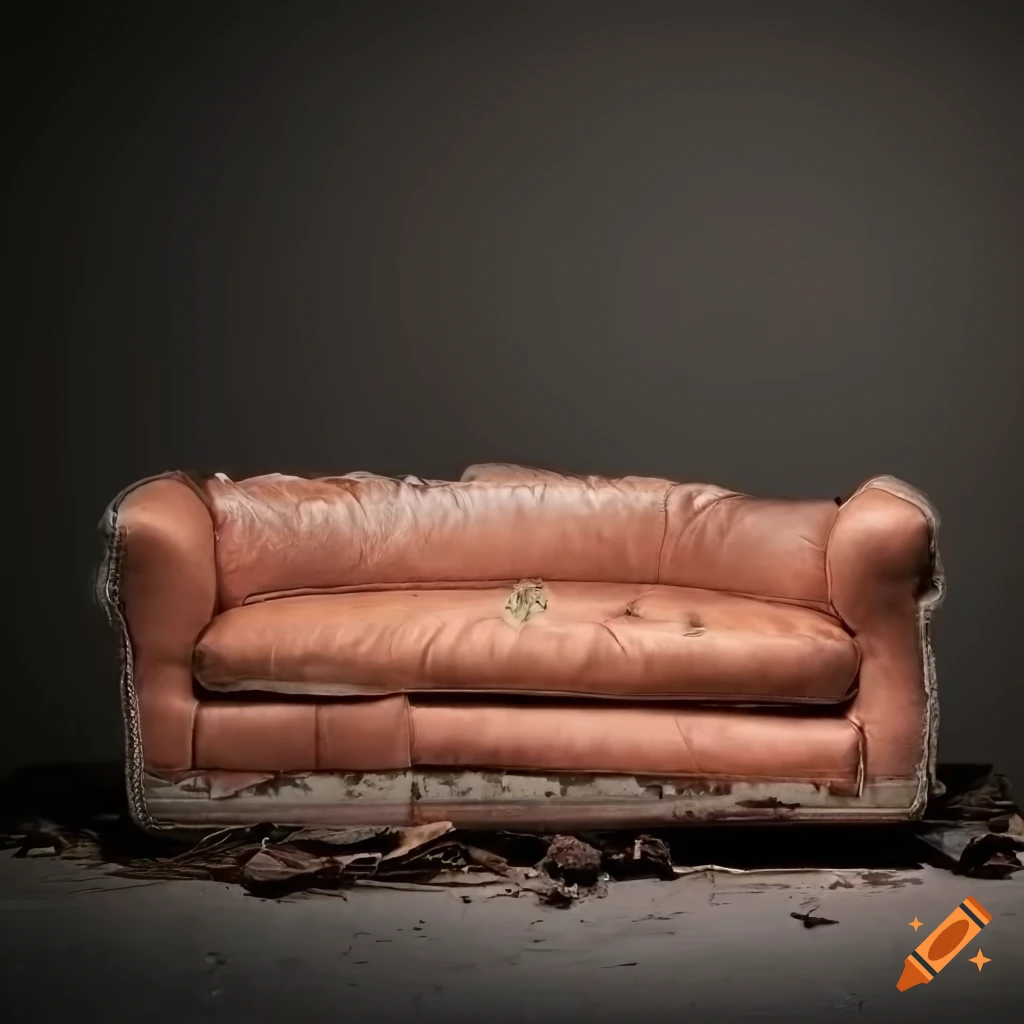 Abandoned worn leather couch with debris and stuffing spilling out ...