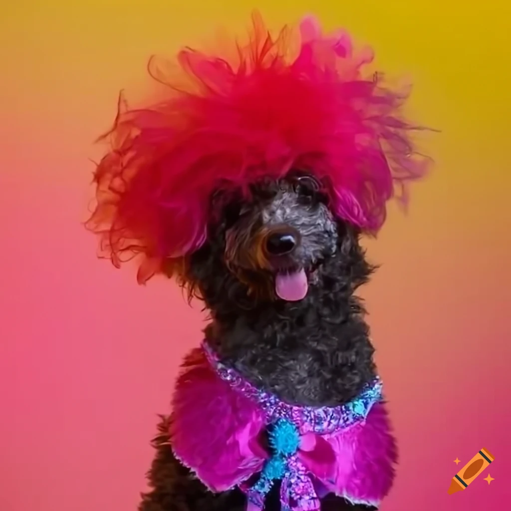 Toy poodle in colorful costume dancing at pet-friendly rave party on ...