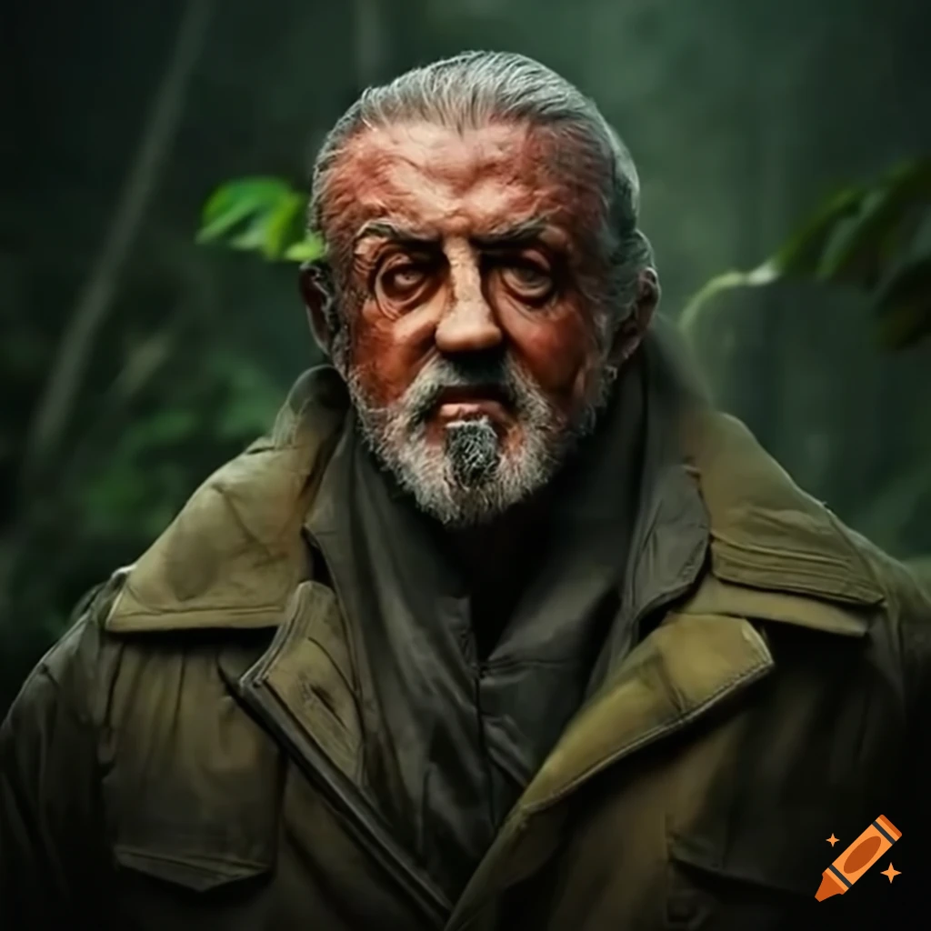 Sylvester stallone with long beard in soldier jacket in jungle setting ...