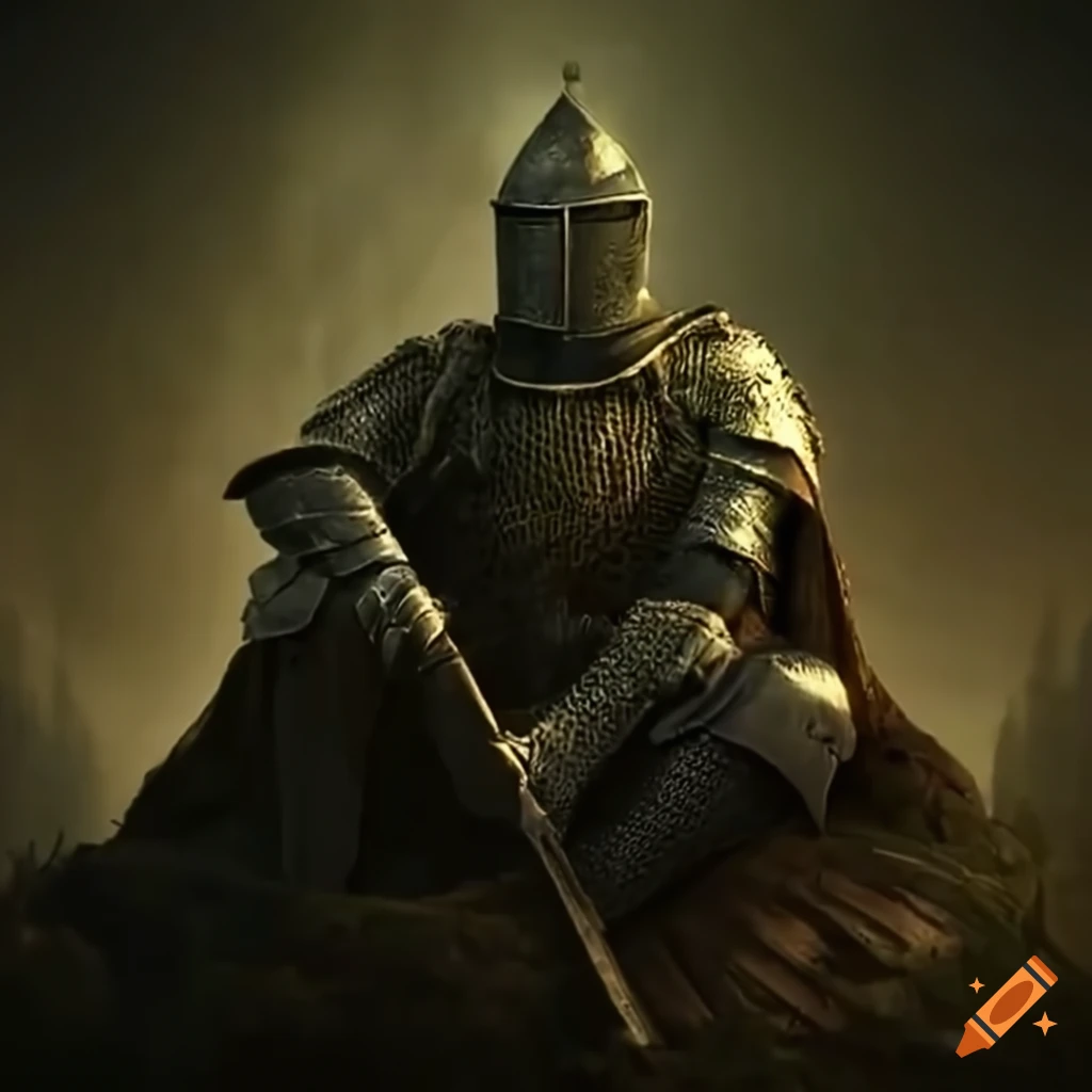 Lonely knight looking at a destroyed kingdom from a tree in a cinematic ...