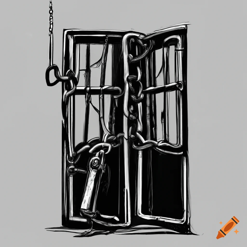 Black outline drawing of locked doors with chains on Craiyon