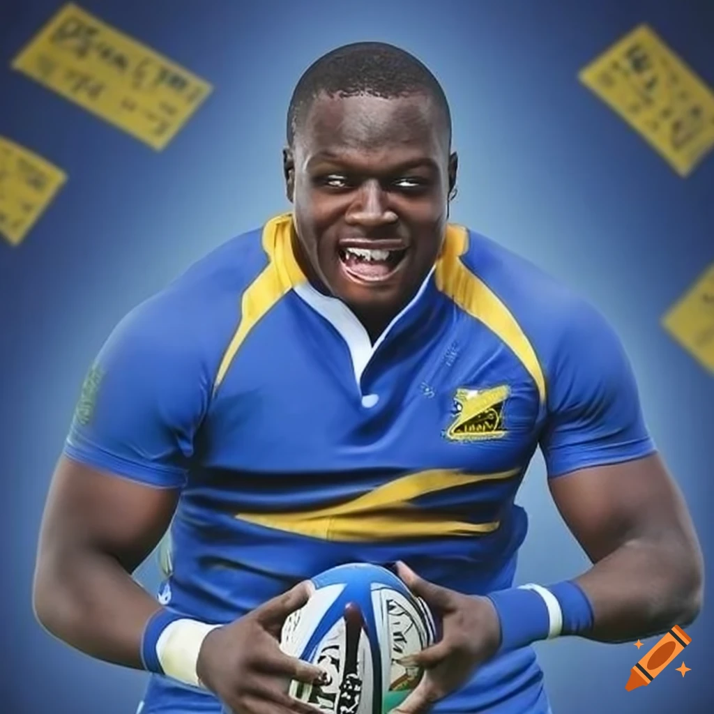 Black rugby player in royal blue and yellow kit on Craiyon