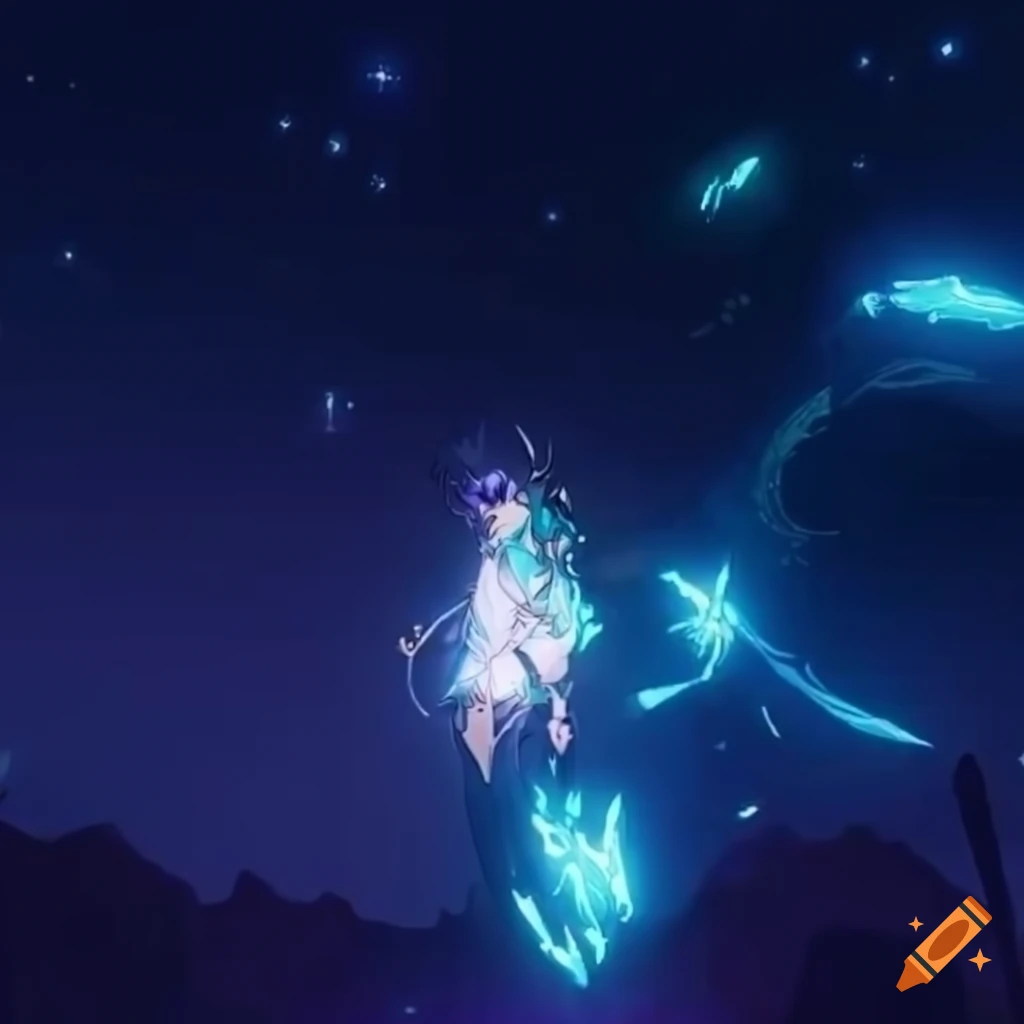Xiao character from genshin impact in combat pose under a purple night sky on Craiyon
