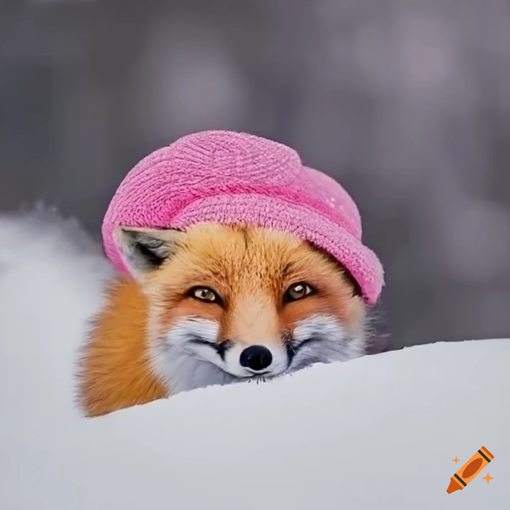 Fox in snowfall forest wearing a pink hat with a flower on Craiyon
