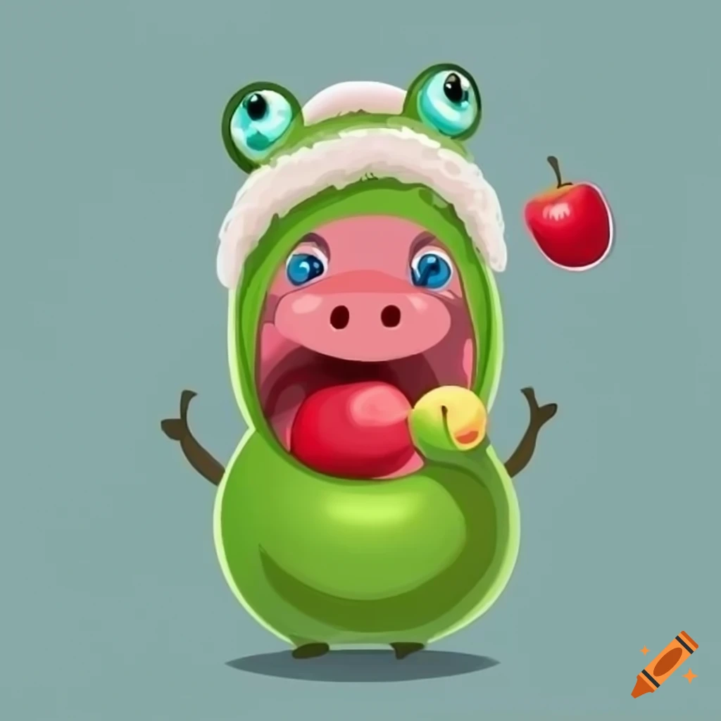 Cartoon pig with frog-shaped winter hat eating an apple on Craiyon