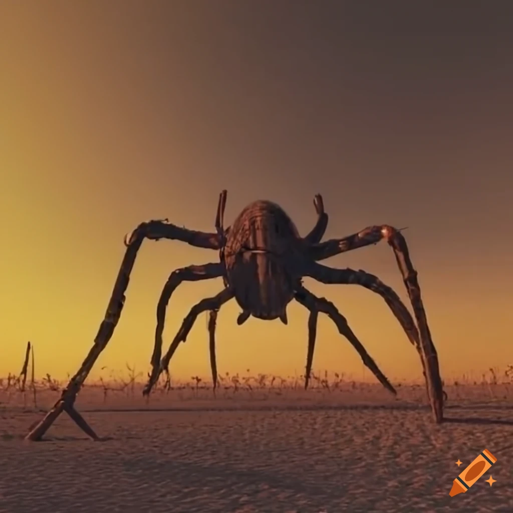 Rusted spider-shaped machine in an arid field with yellow sky on Craiyon