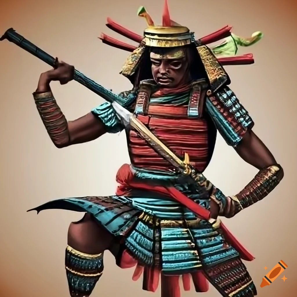 African samurai warrior playing the bass guitar on Craiyon