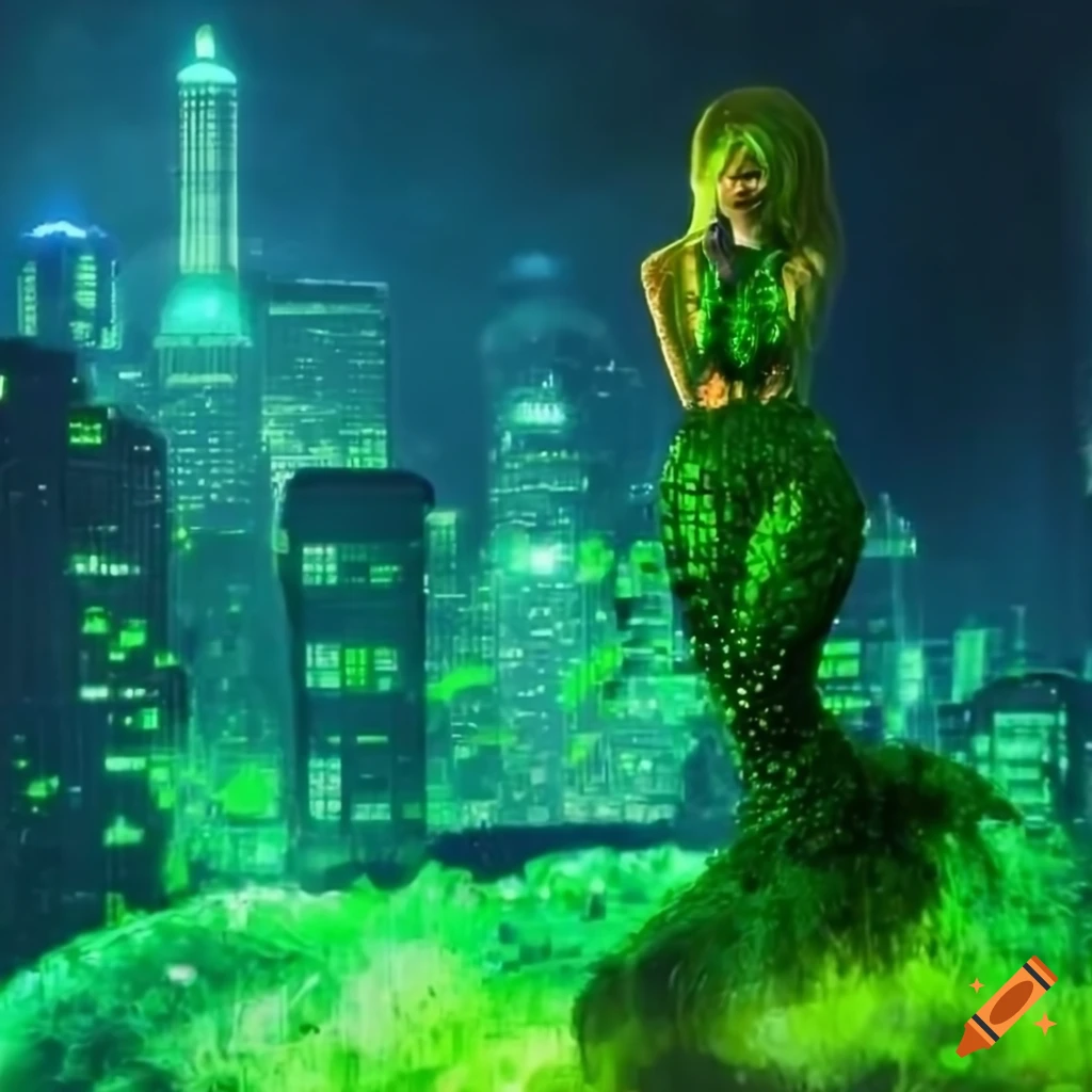 Glowing biopunk cityscape with plants, mushrooms, crystals, and cyborg ...