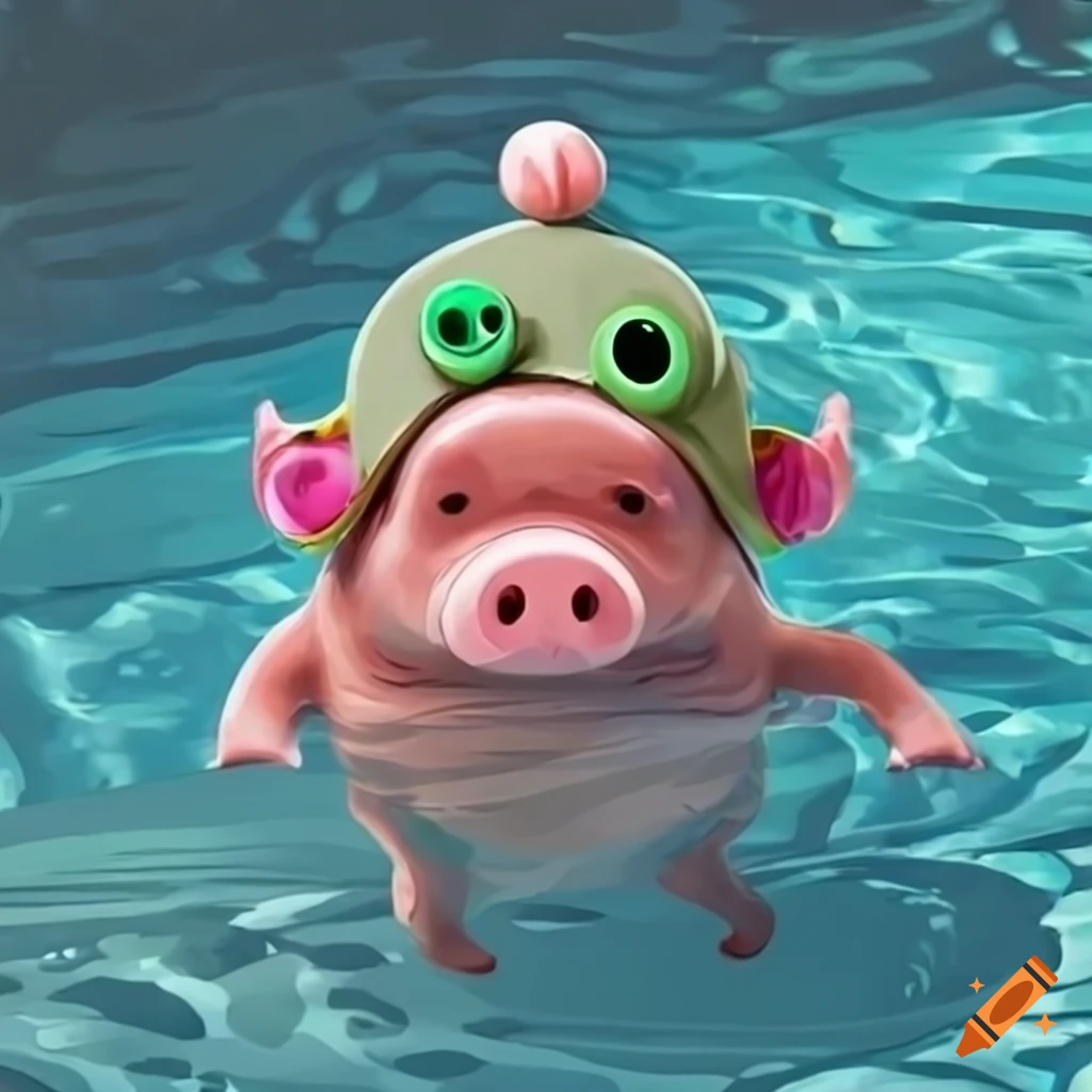Adorable cartoon pigs in frog-shaped winter hats at swimming pool on ...