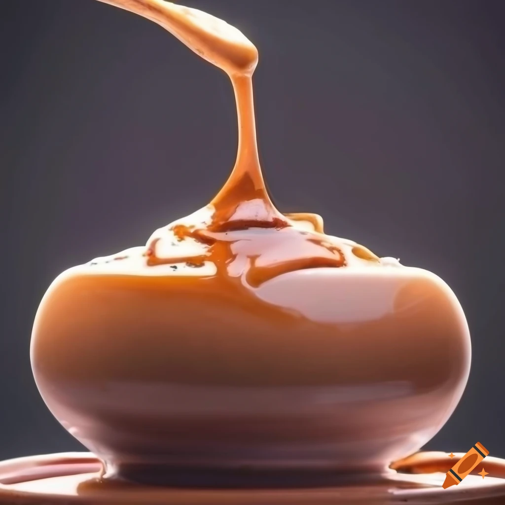 Intricately detailed caramel pot being stirred with a wooden spoon in ...