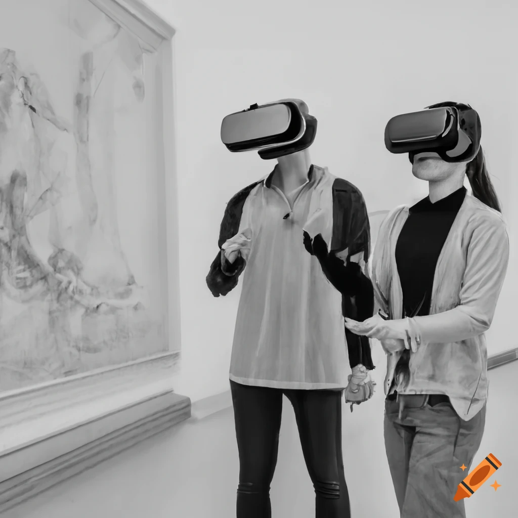 Visitors in VR headsets exploring a museum gallery with white walls in ...