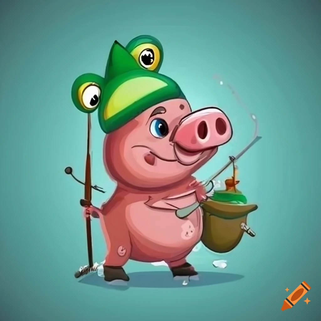 Adorable cartoon pig fishing with a frog-shaped winter hat on Craiyon