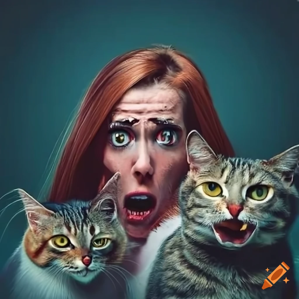 Frightened woman surrounded by angry house cats on Craiyon