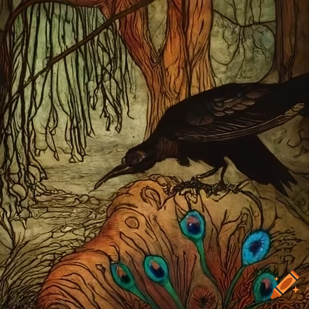 Raven in cloak of iridescent peacock feathers walking in a twilight ...