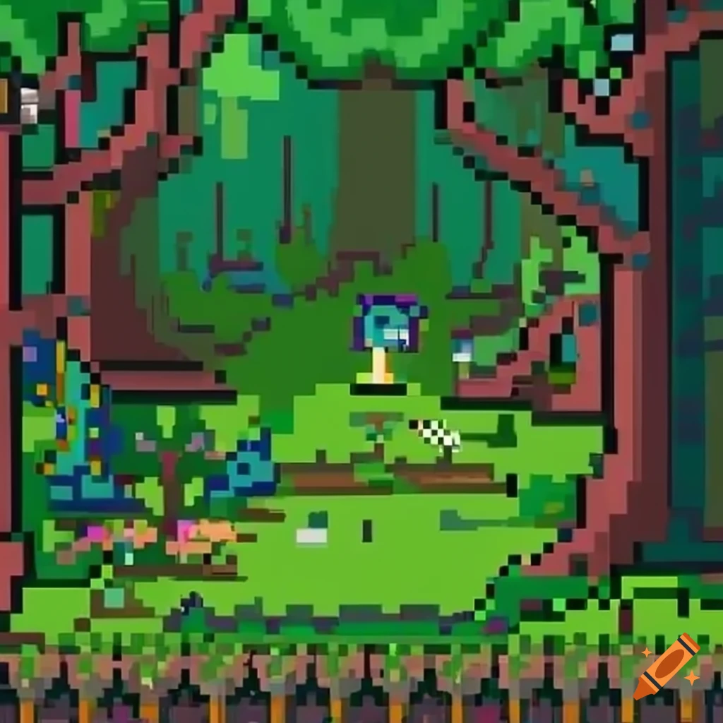8-bit pixel art forest scene with colorful creatures and secrets on Craiyon