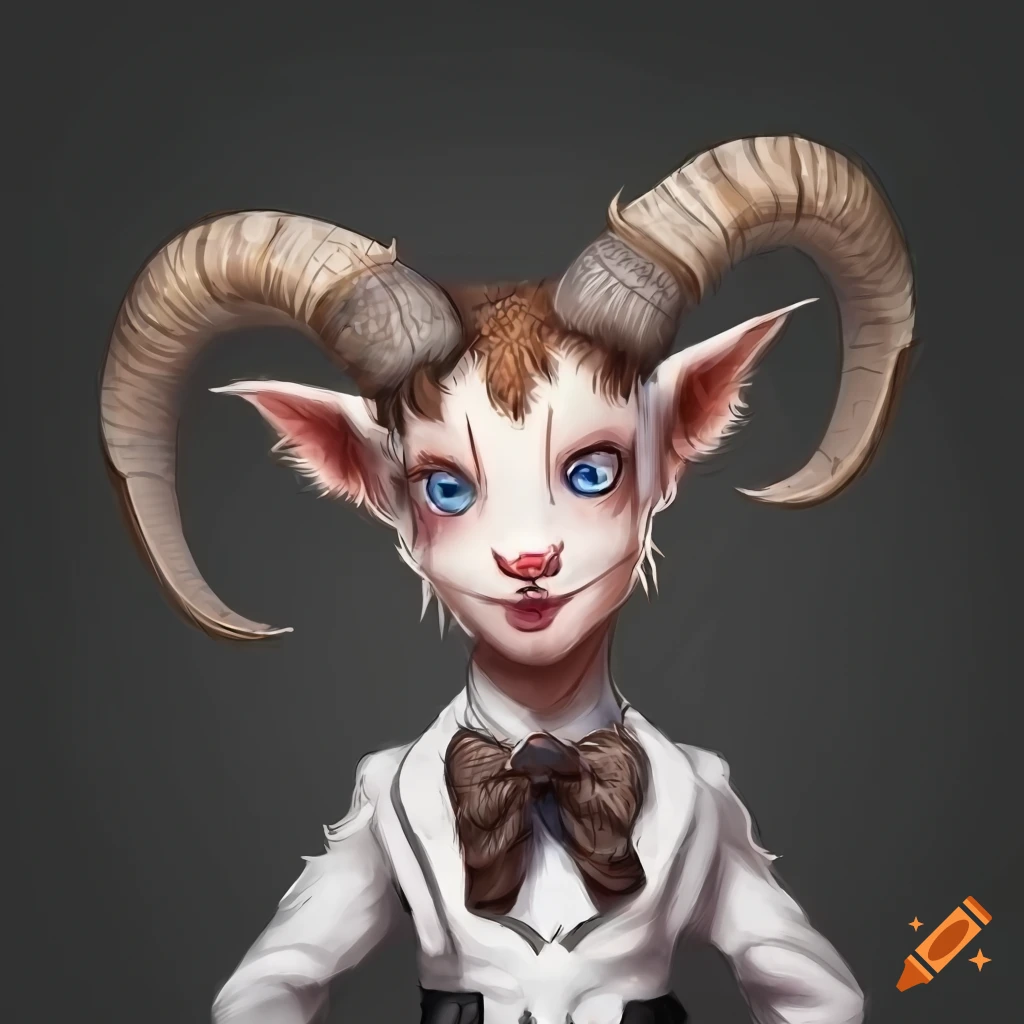 Female goat demon with blue eyes and brown hair in a white suit on Craiyon