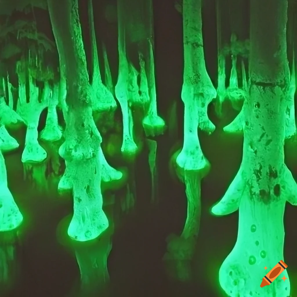 Nighttime forest made of neon green jello on Craiyon