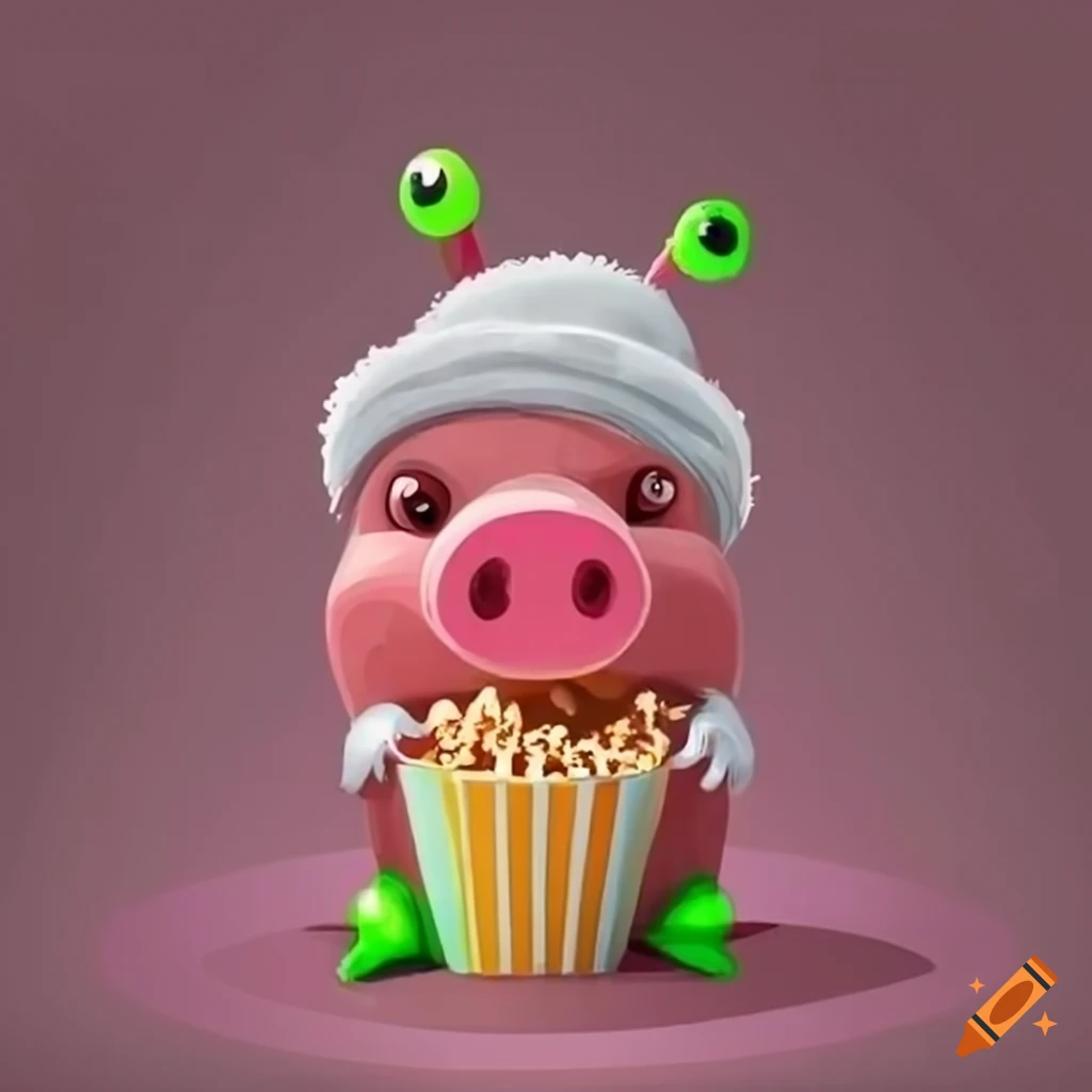 Cartoon pig with frog hat eating popcorn on Craiyon
