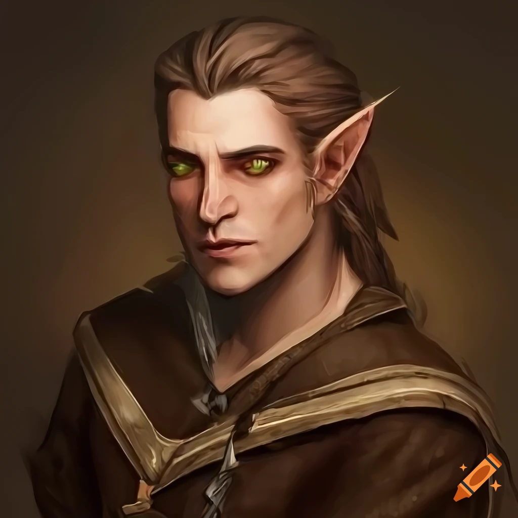 Portrait of an elf bard resembling the witcher with green eyes and ...