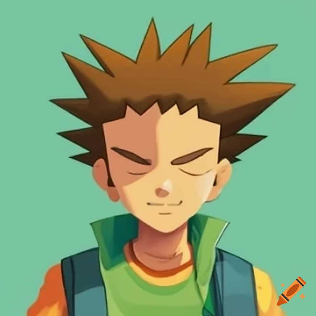 Brock from pokemon in green with eyes closed on Craiyon