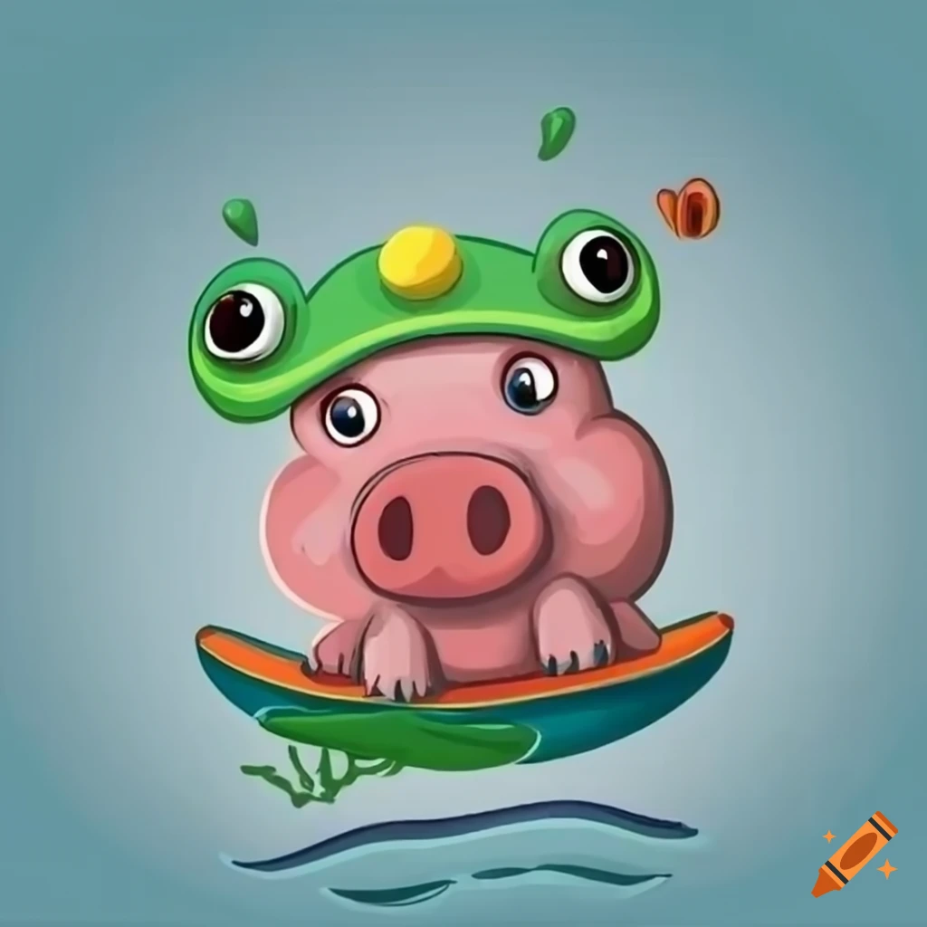 Adorable cartoon pig in a frog-shaped winter hat surfing on Craiyon