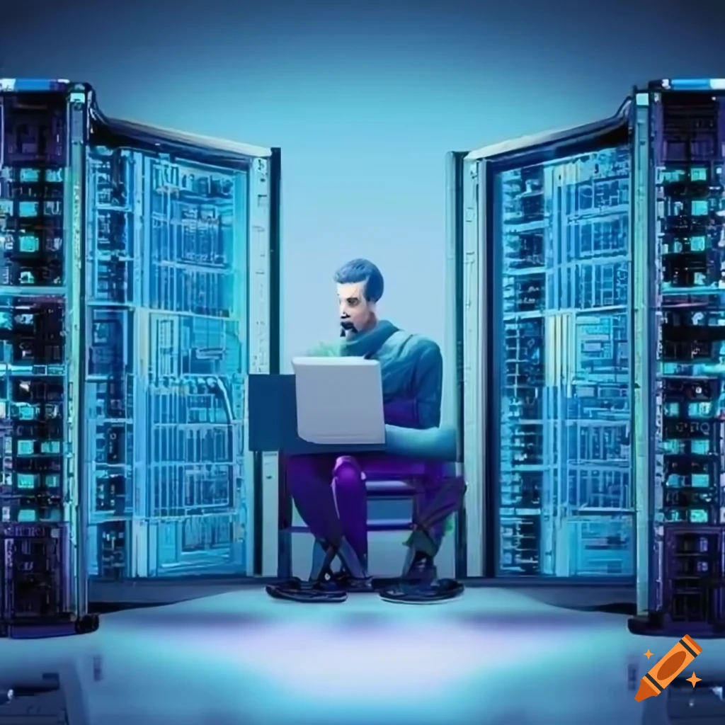 Data center with racks of switches, routers, servers, and a man working ...