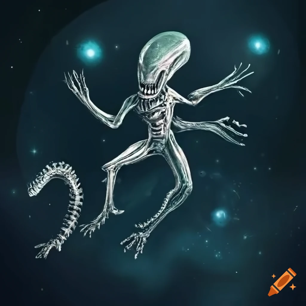 Child's drawing of xenomorph alien in a space group scene on Craiyon