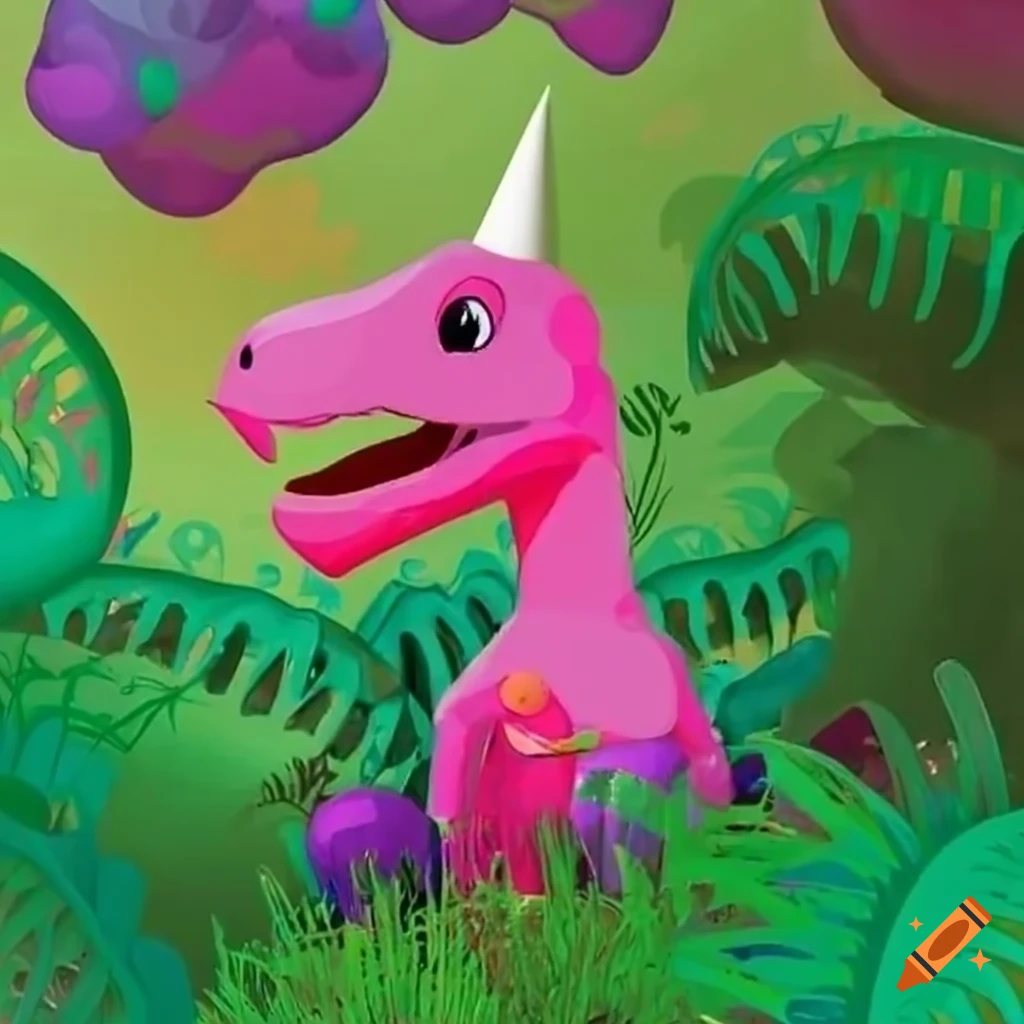 Pink dinosaur celebrating birthday with friends in a colorful garden on ...