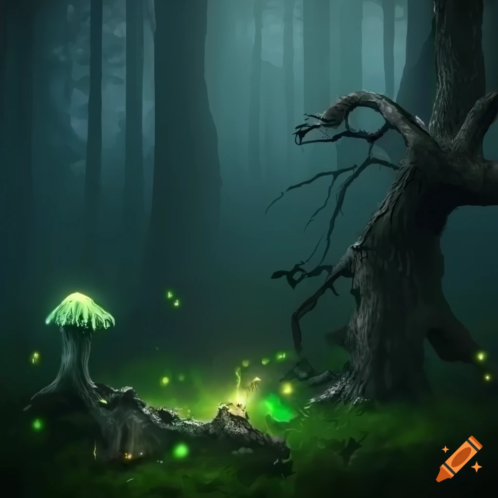 Mystical forest clearing at night with glowing mushrooms, fireflies, an ...