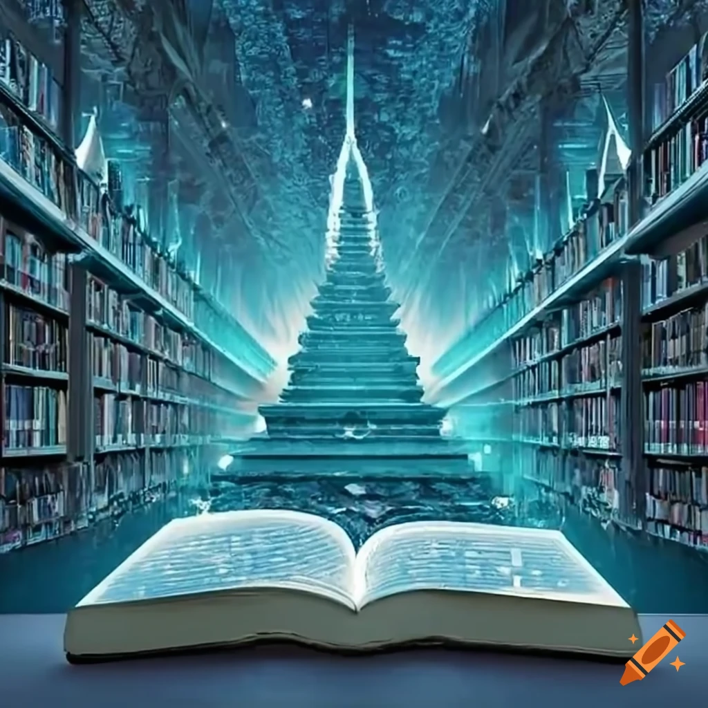 Futuristic library with high-tech neural network technology style ...