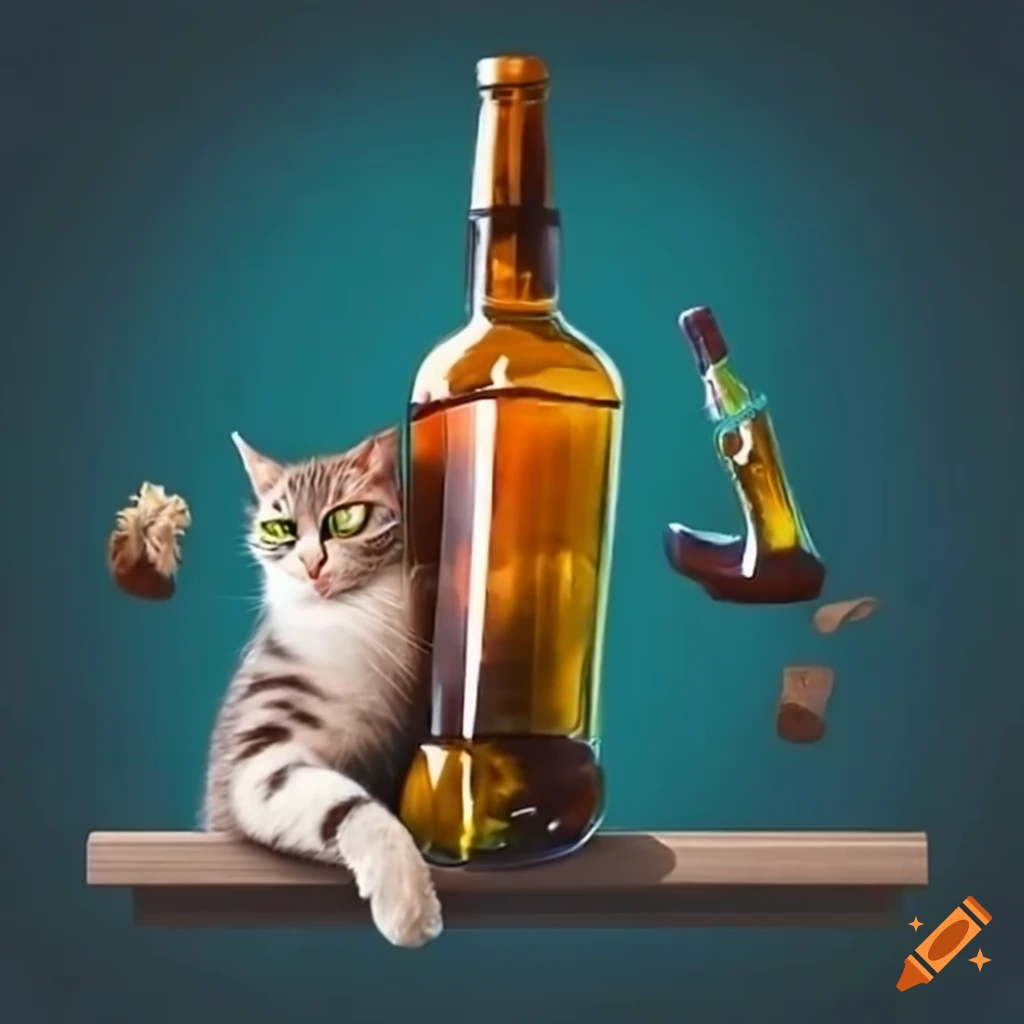 Cat enjoying a drink in a humorous illustration on Craiyon