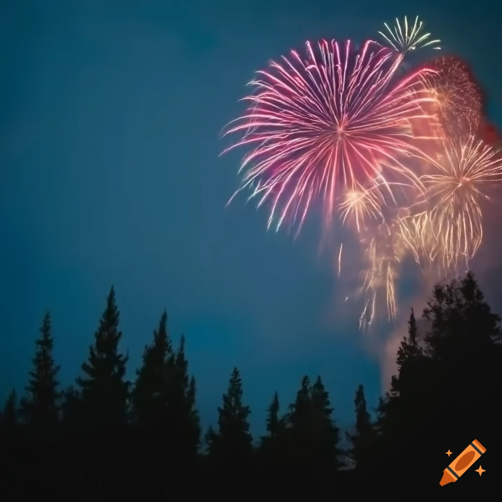 Forest with fireworks in the distance on Craiyon
