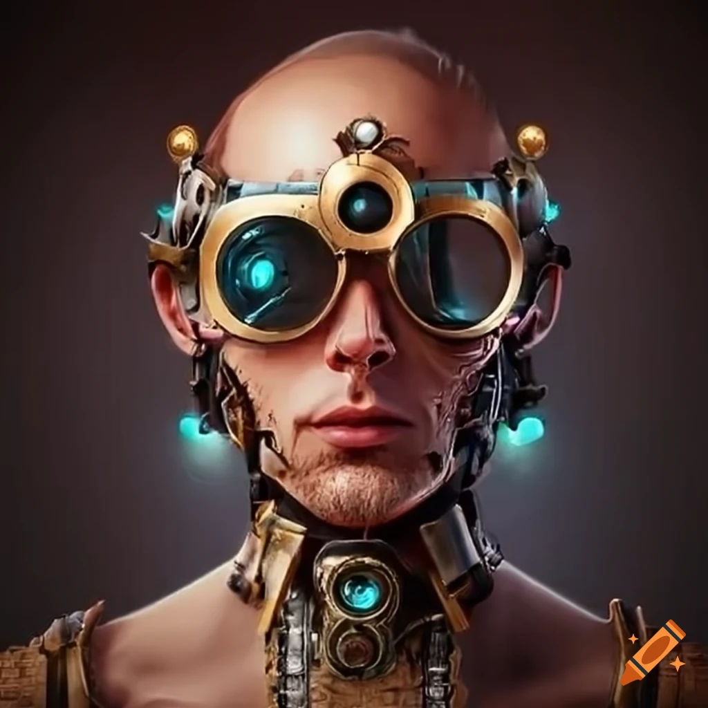 Intricately detailed cybernetic man named Lars with steampunk goggles ...