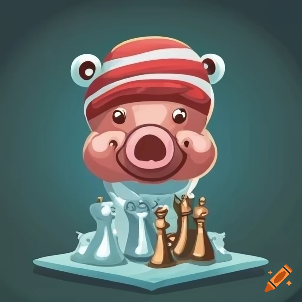 Adorable cartoon pig playing chess in a frog hat on Craiyon